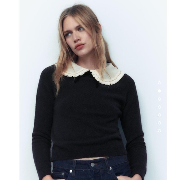 Zara | Sweaters | Zara Navy Blue Rhinestone Trim Peter Pan Collar Knit ...